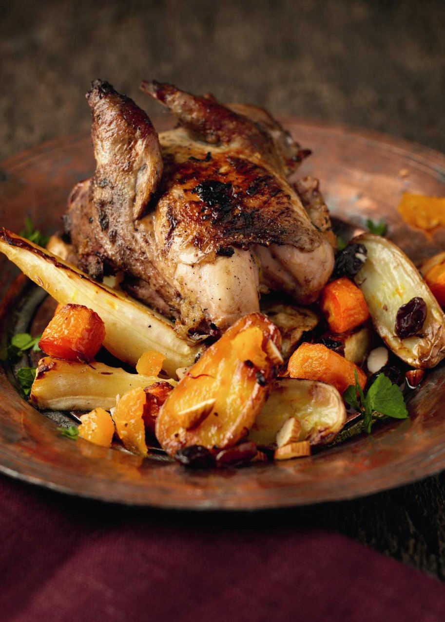 Roast Grouse with Caramelised Apples & Parsnip Game Chips